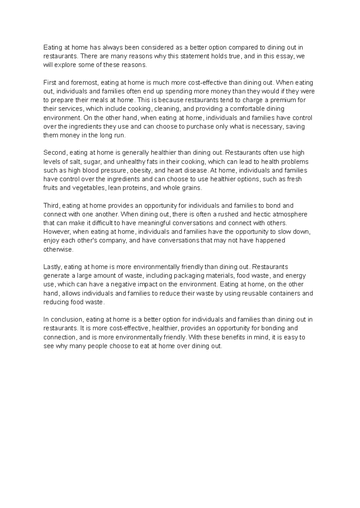Writing 2 - Essay - Eating at home has always been considered as a ...