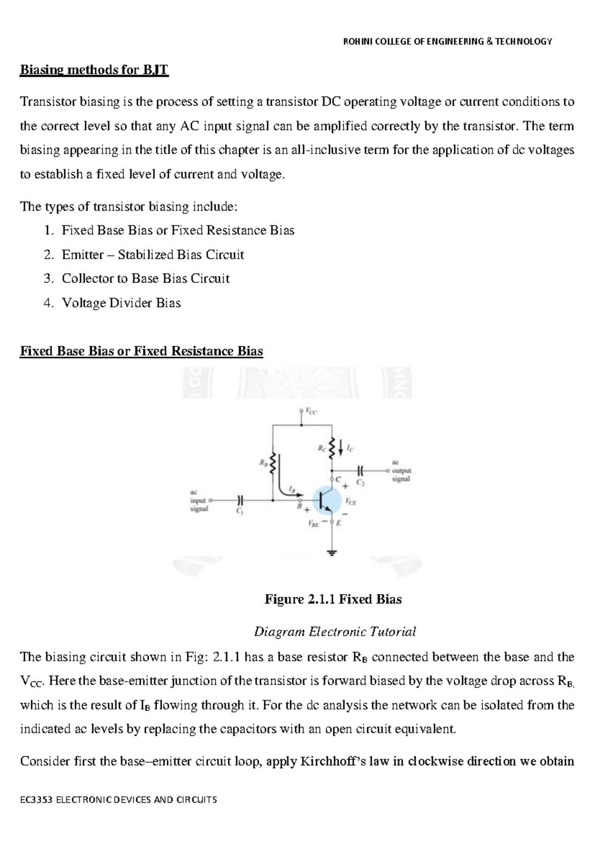 Rohini 56092332374 - btech ece 2nd yr bec301 - Biasing methods for BJT Transistor biasing is the ...