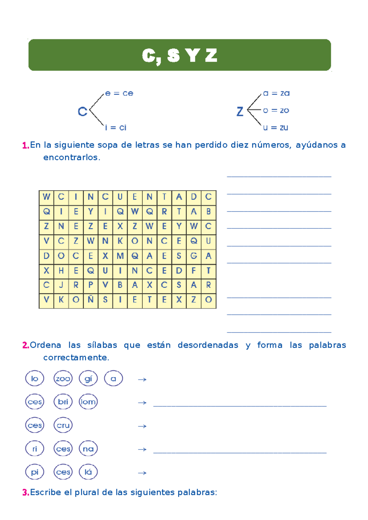 Actividades de Ortografía y Vocabulario con C, S, Z - 2° Grado - Studocu
