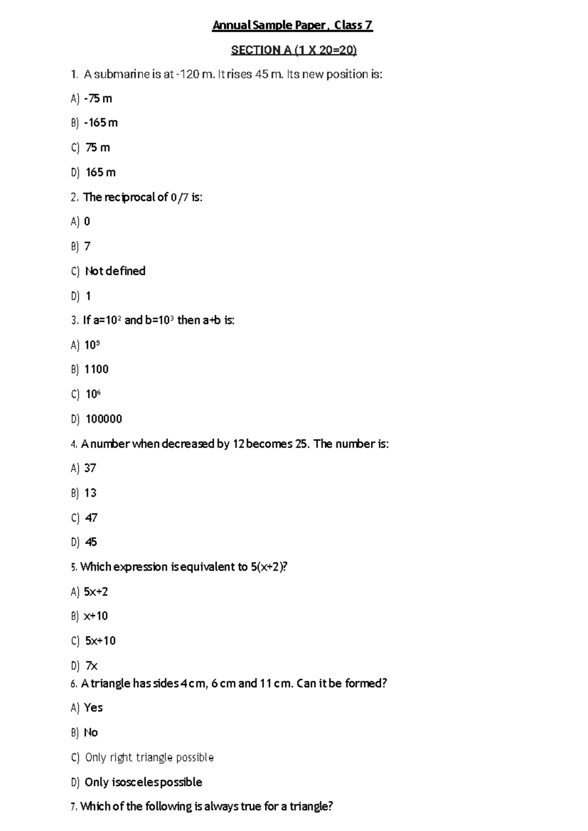 Annual Sample Paper, Class 7 - Comprehensive Practice Questions - Studocu