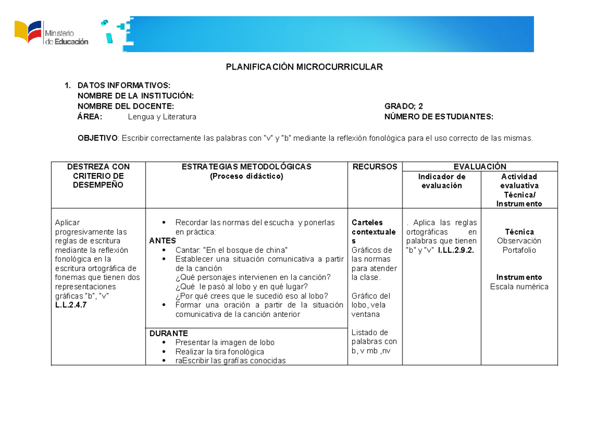 Plan de Clase: Uso Correcto de B y V en Lengua y Literatura L.L.2.4.7 ...