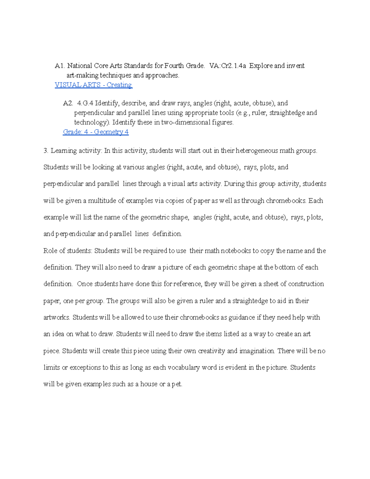 Elementary Visual 2 - A1. National Core Arts Standards for Fourth Grade ...