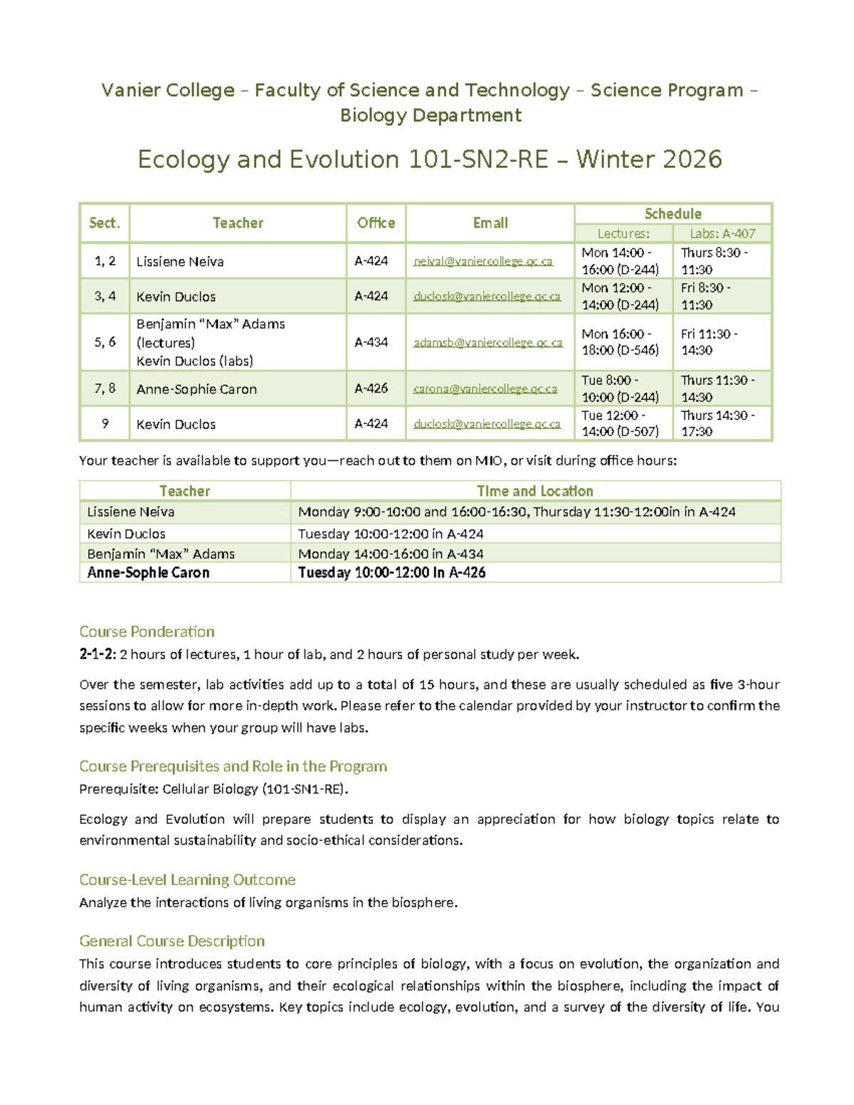 101-SN2 Ecology and Evolution Course Outline Winter 2026 - Studocu