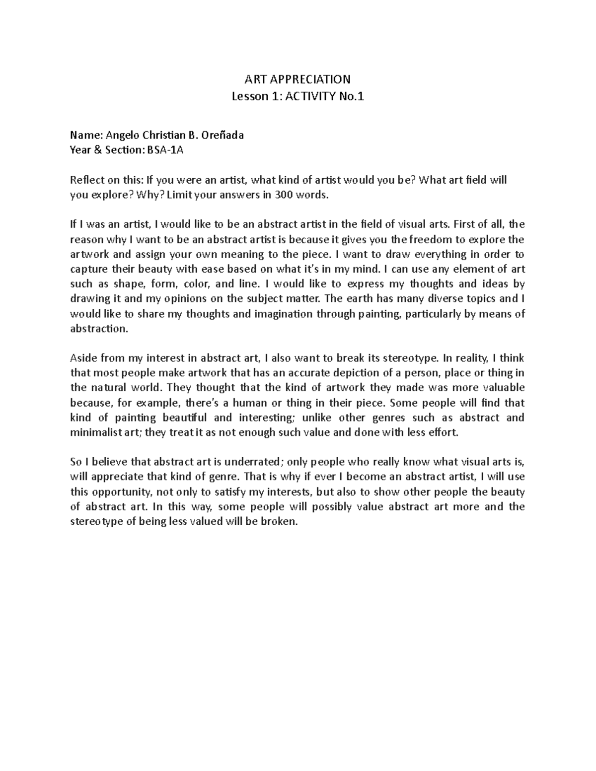 Art Appreciation Lesson 1 Activity 1 (with answers) - ART APPRECIATION ...