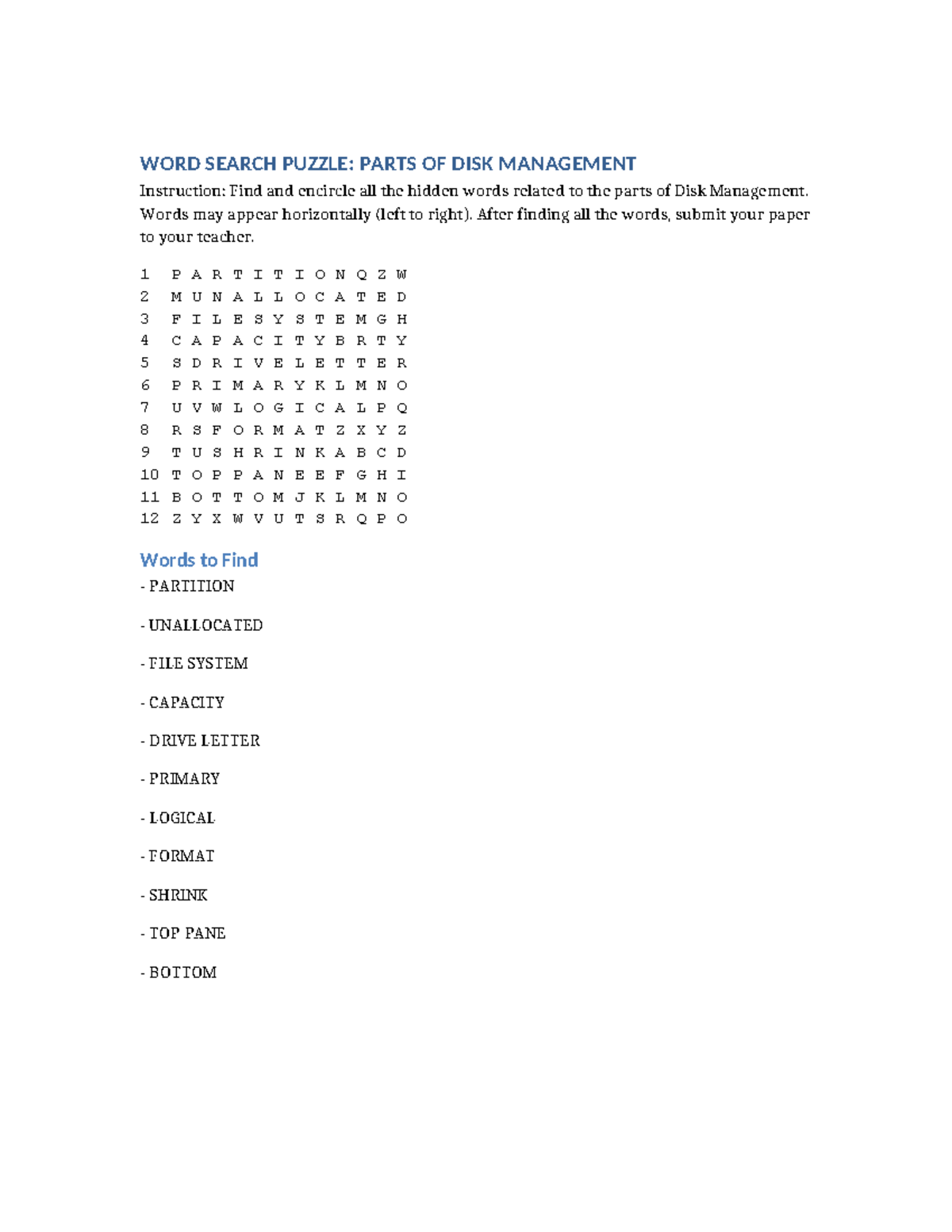 Disk Management Word Search Puzzle: Find Hidden Terms - Studocu
