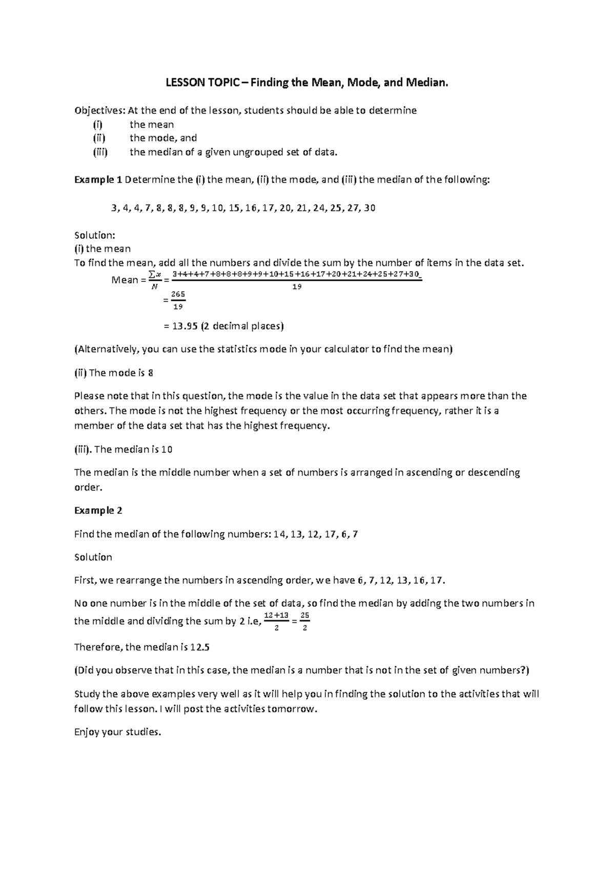 Lesson on Finding the Mean, Mode, and Median in Statistics - Studocu