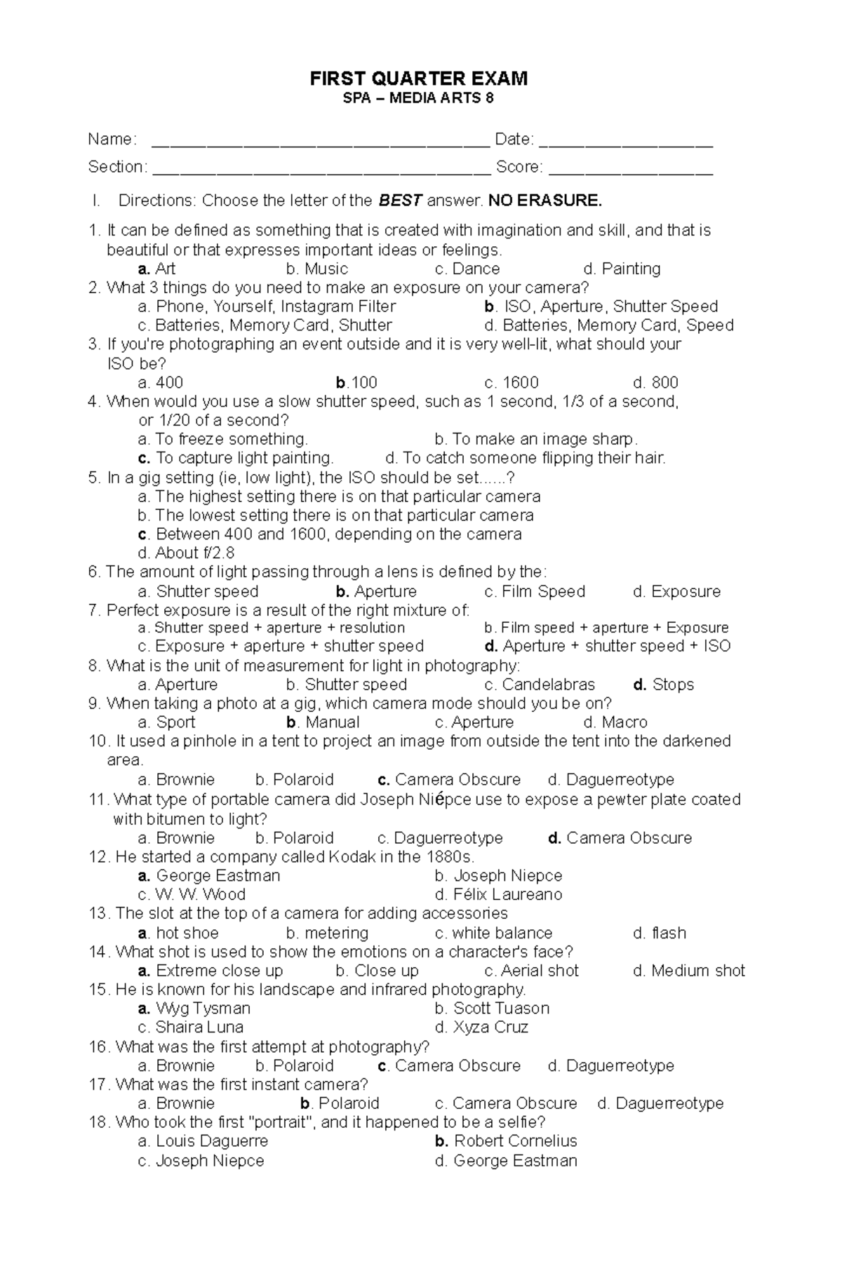 First Quarter EXAM SPA8 - FIRST QUARTER EXAM SPA – MEDIA ARTS 8 Name ...