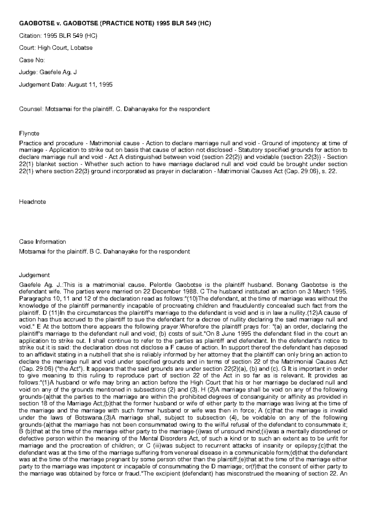 Gaobotse v Gaobotse - cases for reading - GAOBOTSE v. GAOBOTSE ...