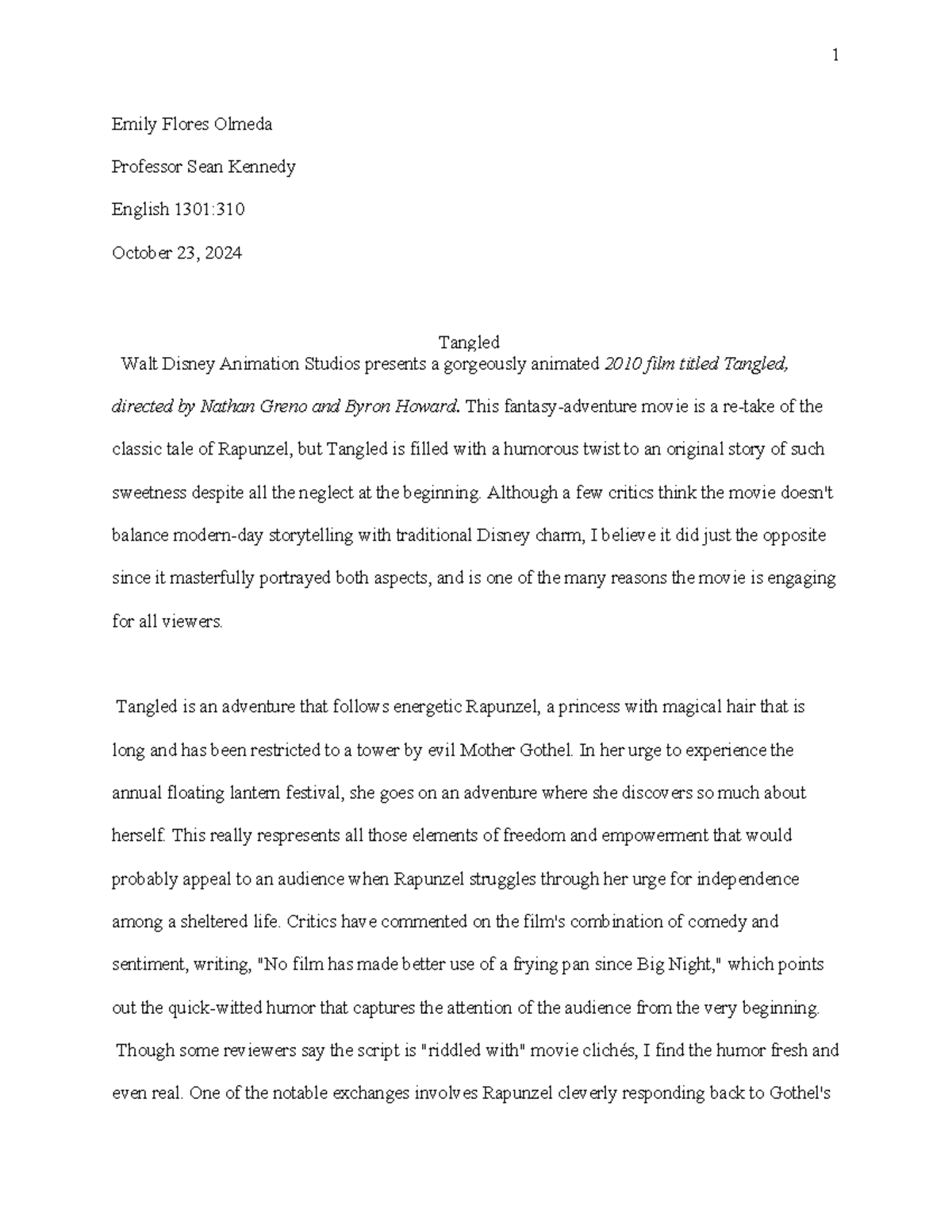 English 1301 Movie Report: Analyzing Disney's Tangled (Final Exam ...