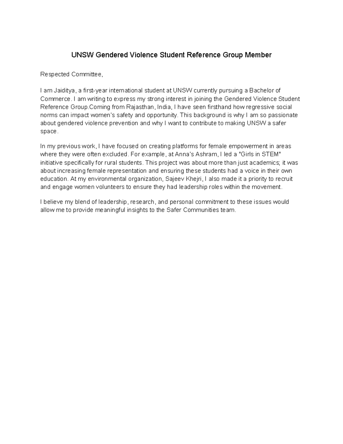 UNSW Cover Letter for Gendered Violence Reference Group Membership ...