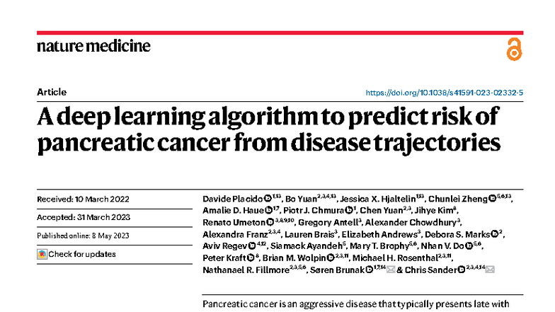Deep Learning for Predicting Pancreatic Cancer Risk: A Study (S41591 ...