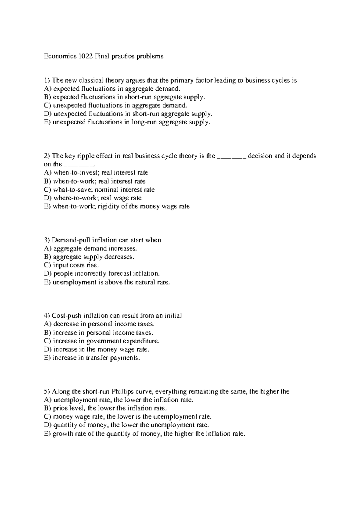 Economics 1022 Final Exam Practice Questions and Solutions - Studocu