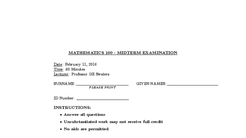 MATH 100 Winter 2016 Midterm Exam Questions and Instructions - Studocu