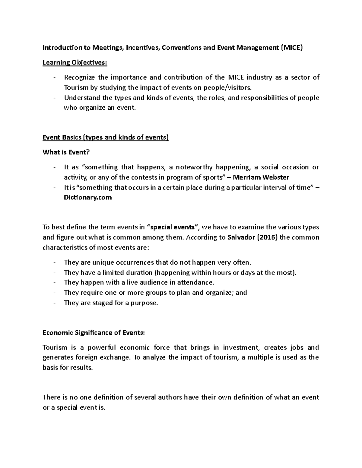 Lesson 1 - Overview of MICE Events and Their Significance - Studocu