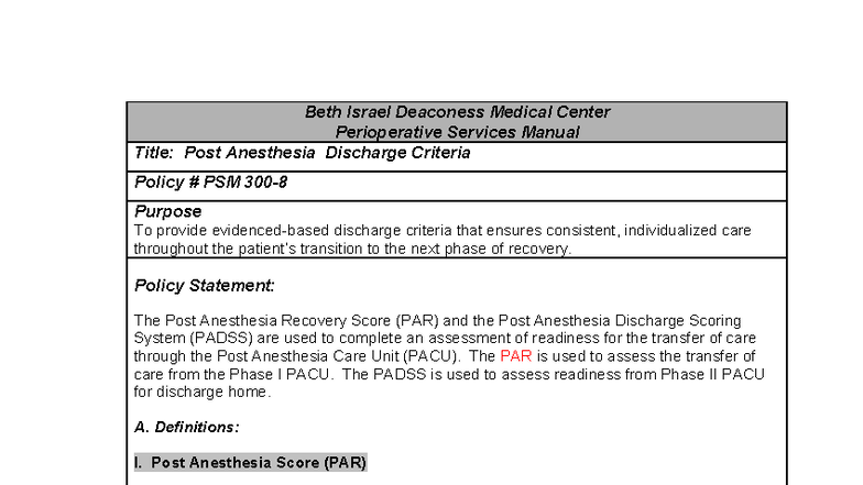 PSM Post Anesthesia Discharge Criteria Policy and Guidelines - Studocu