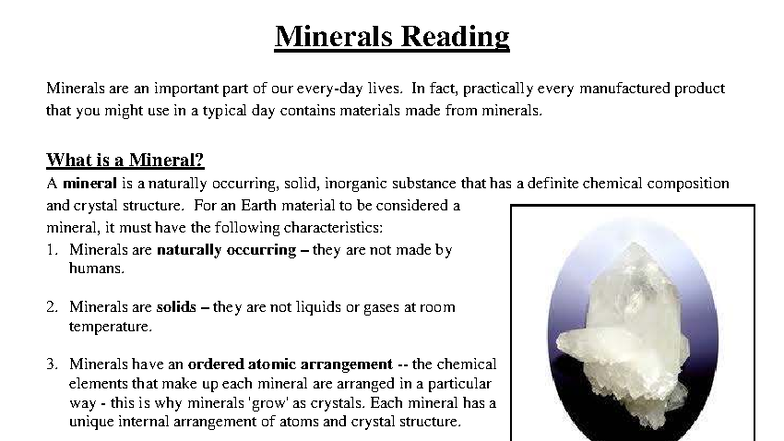 Minerals Reading: Characteristics, Properties, and Identification (SR ...