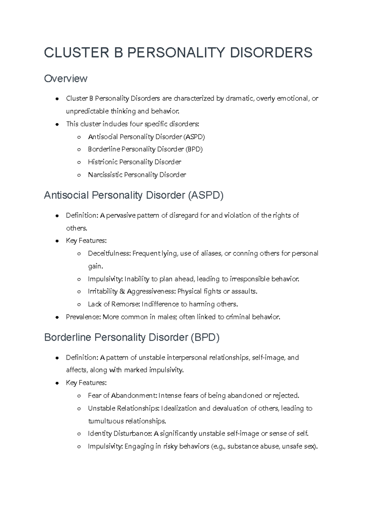Cluster B Personality Disorders Overview and Characteristics - Studocu
