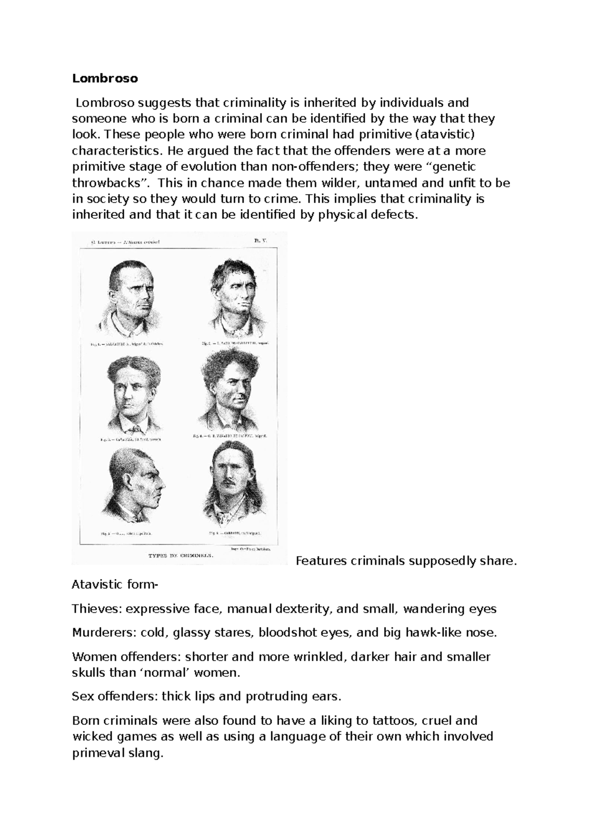 Lombroso's Theory on Inherited Criminality and Atavistic Traits - Studocu