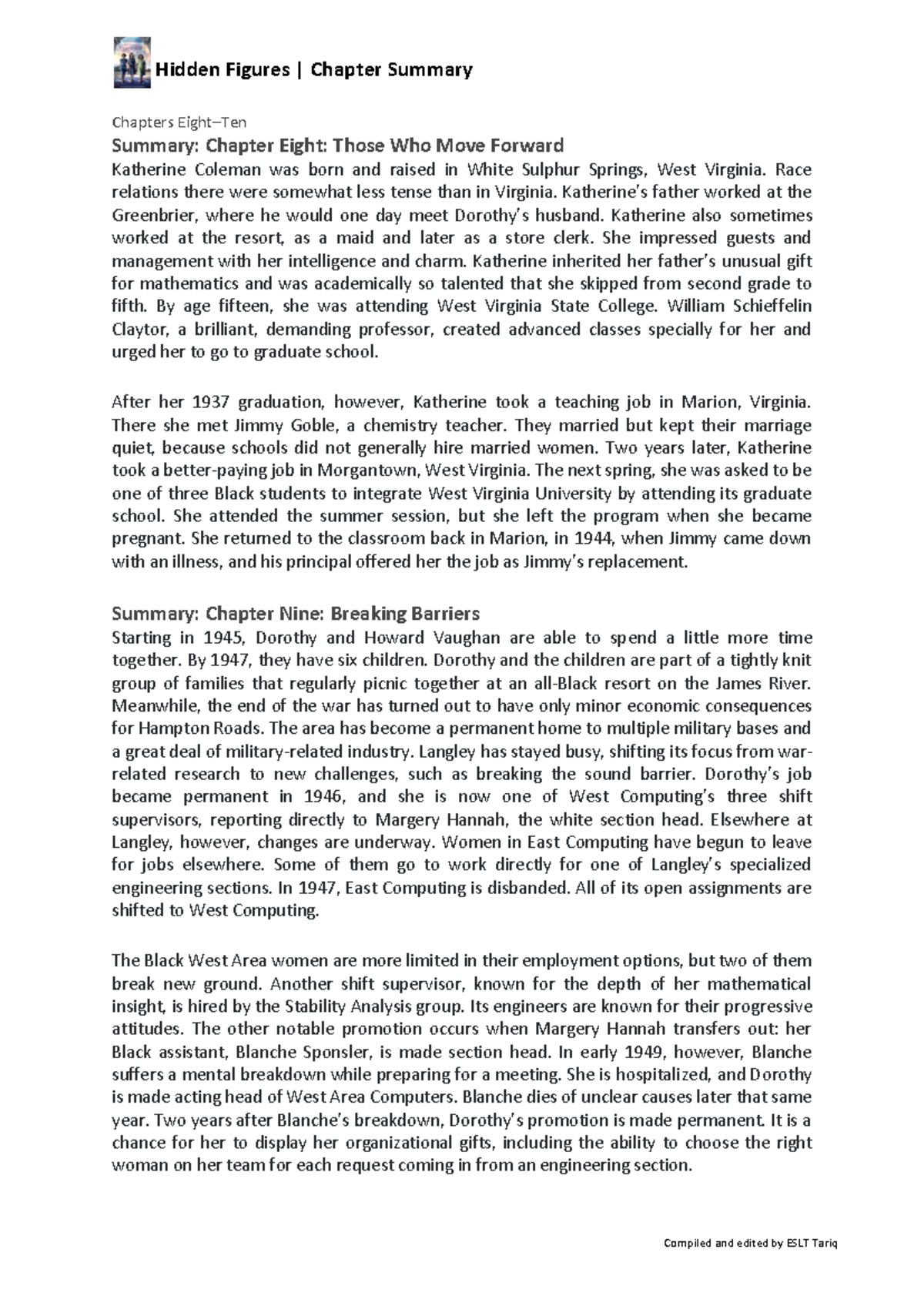 Hidden Figures Summary: Chapters 8-10 Insights and Reflections - Studocu