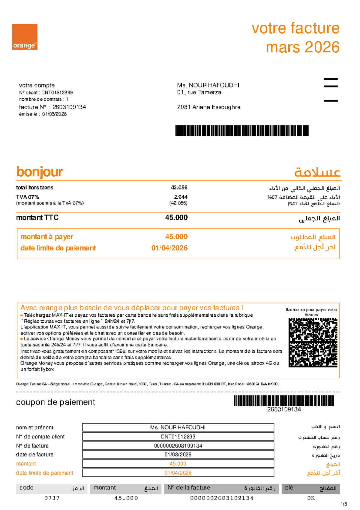 Facture Mars 2026 - Compte Ms. Nour Hafoudhi - CNT01512899 - Studocu