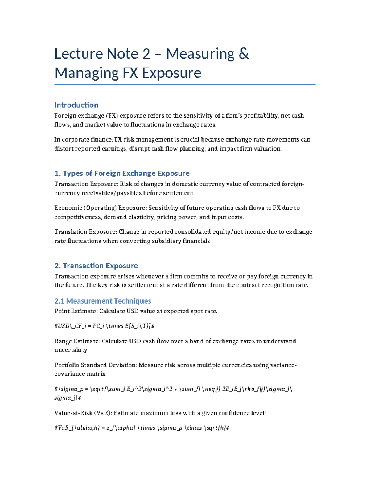 Lecture Note 2: Measuring and Managing FX Exposure in Finance - Studocu