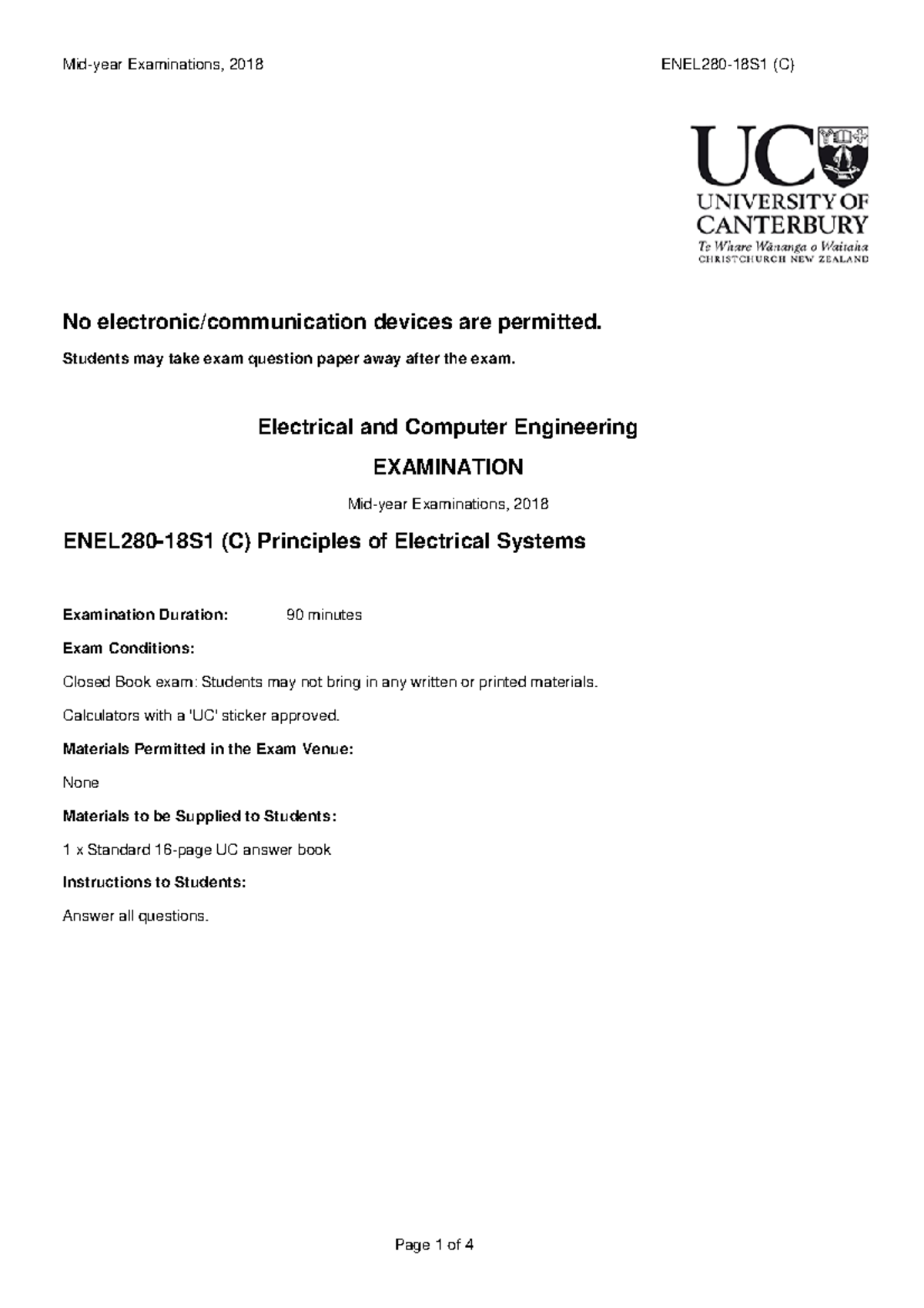 ENEL280 Final Exam 2018: Principles of Electrical Systems - Studocu