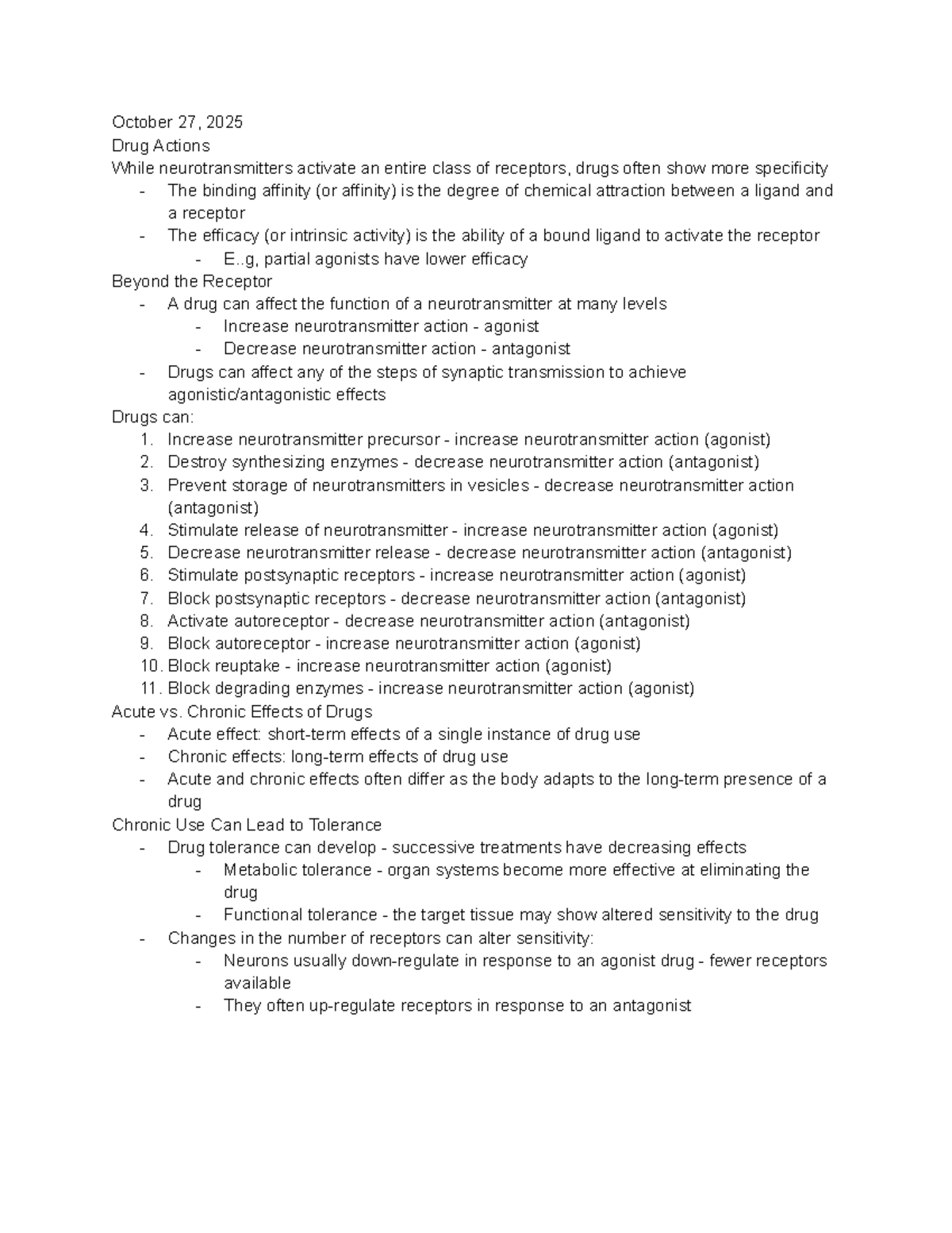 Drug Actions and Effects: An Intro to Neuroscience (NEU 101) - Studocu