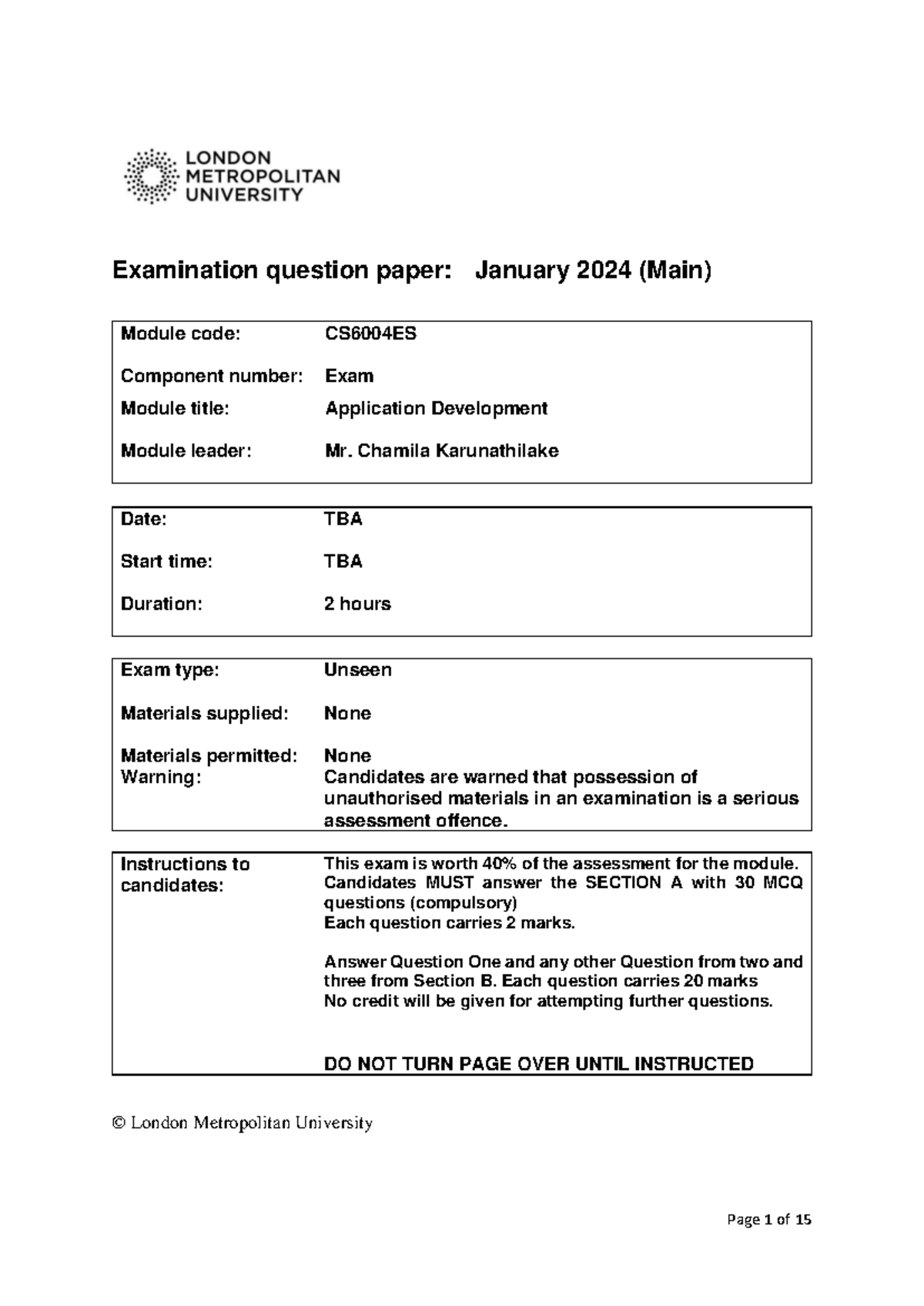 CS6004ES - January 2024 Application Development Exam Paper - Studocu