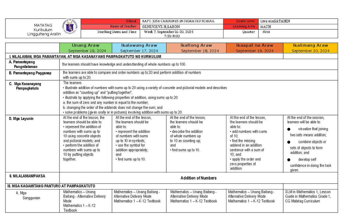 WEEK 7 MATH - Matatag Curriculum for Grade 1 Addition Lessons - Studocu
