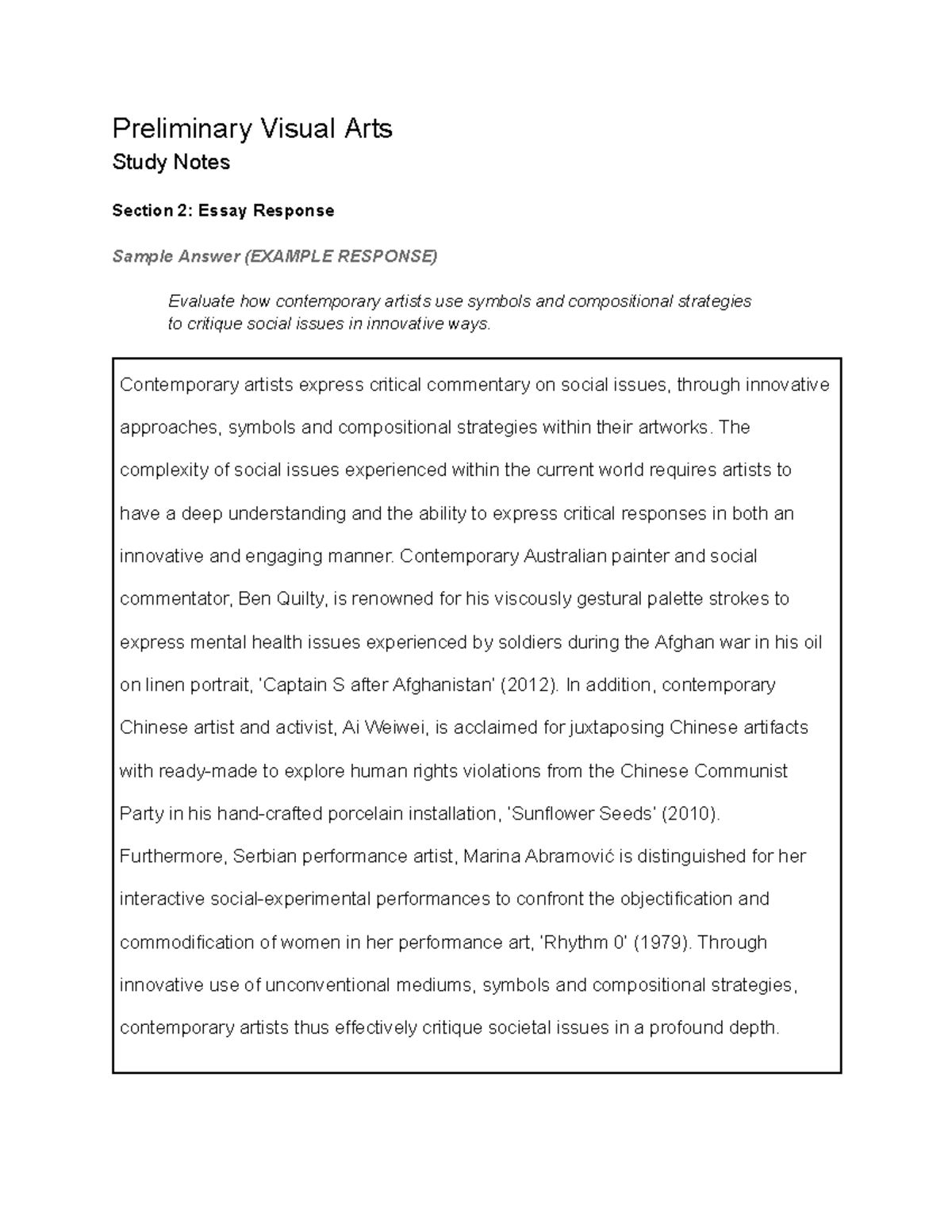 Year 11 Visual Arts - Essay Practice on Contemporary Artists' Critique ...