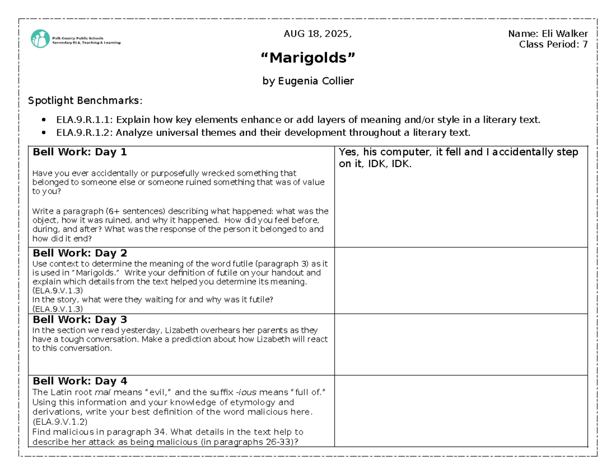 AUG 18, 2025: ELA.9 Marigolds Guided Notes & Literary Analysis - Studocu