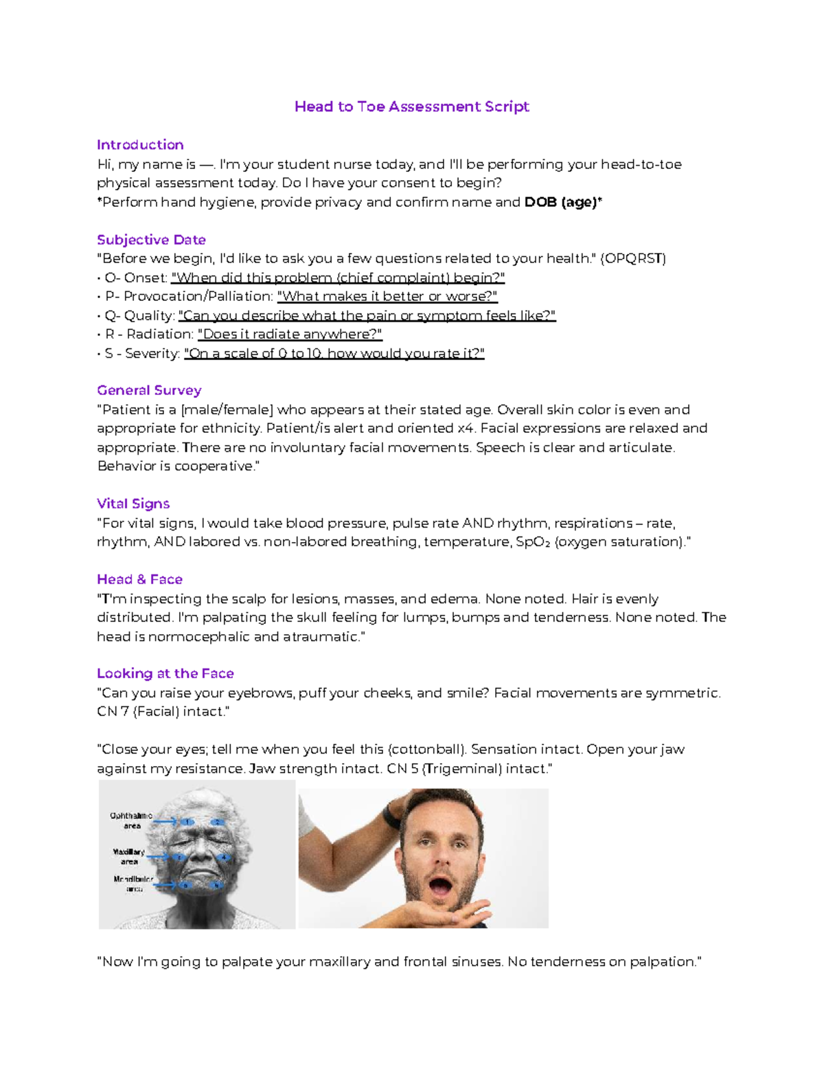 Head to Toe Assessment Script for Nursing Practice (NUR 101) - Studocu