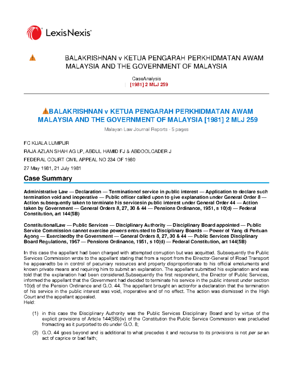 Case Analysis: Balakrishnan v Ketua Pengarah Perkhidmatan Awam Malaysia ...