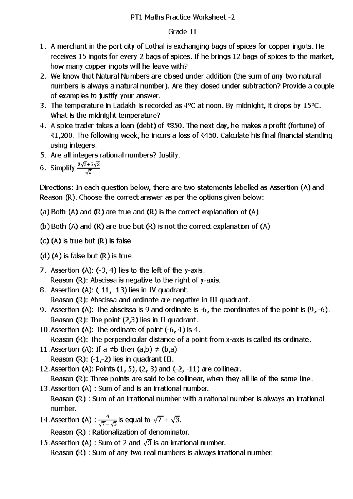 PT1 Maths Practice Worksheet Grade 11: Key Concepts & Problems - Studocu
