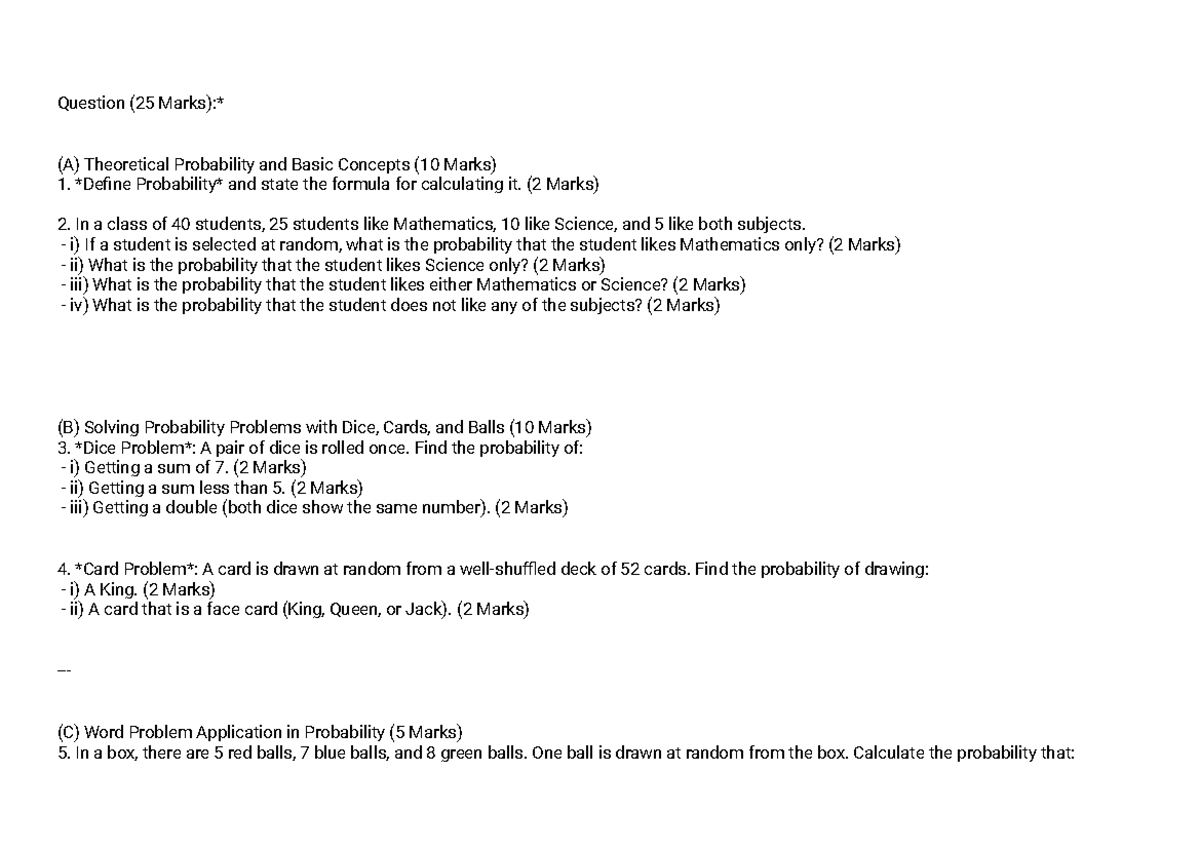 Probability - hgfdsa - Question (25 Marks):* (A) Theoretical ...