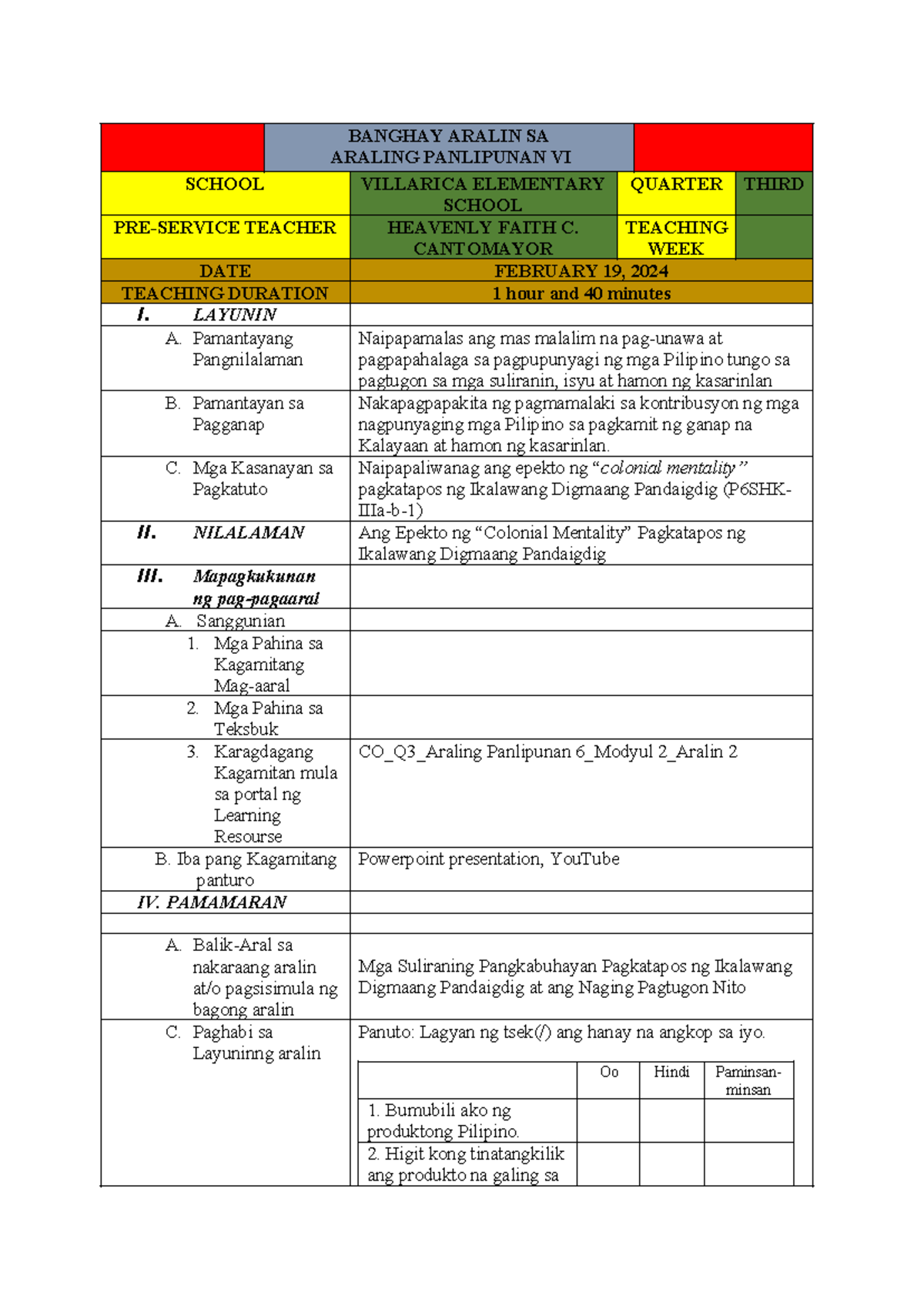 AP 6 - BANGHAY ARALIN: Epekto ng Kolonyal na Kaisipan sa mga Pilipino ...