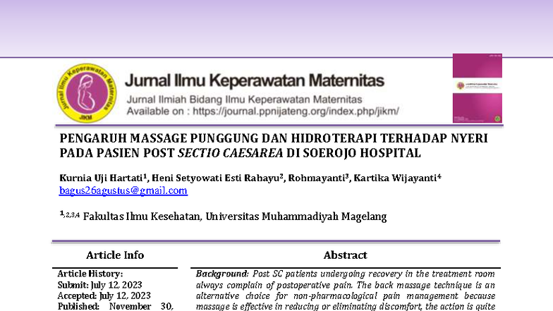 Pengaruh Massage Punggung dan Hidroterapi terhadap Nyeri Pasien Post SC ...