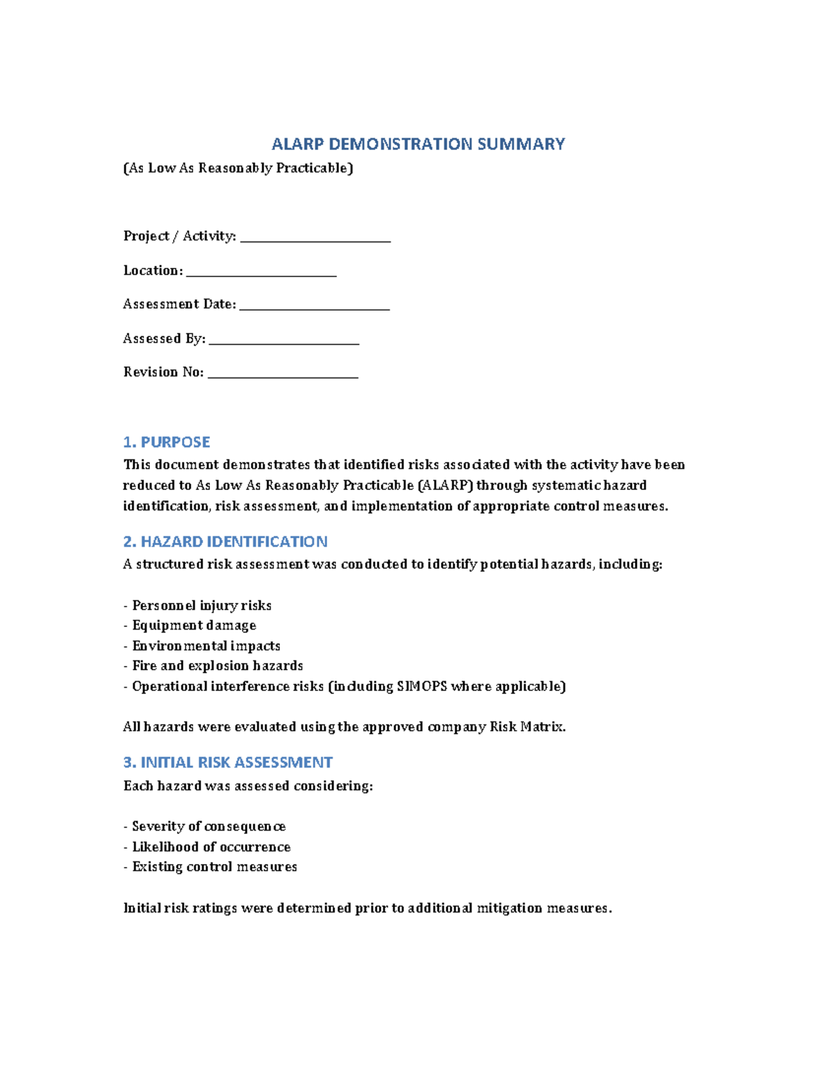 ALARP Risk Assessment Summary: Project Activity Overview - Studocu