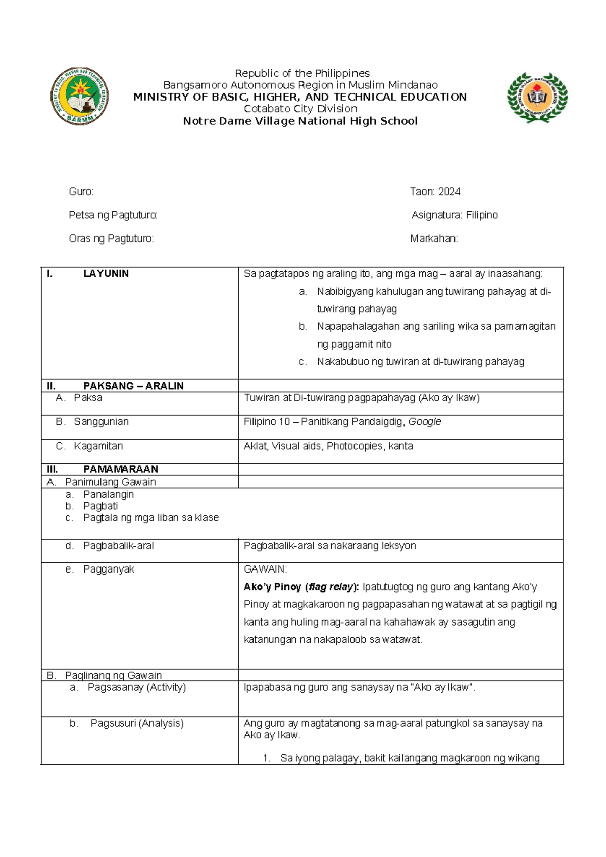 DLP2-FIL10: Tuwiran at Di-tuwirang Pahayag sa Filipino 10 - Studocu