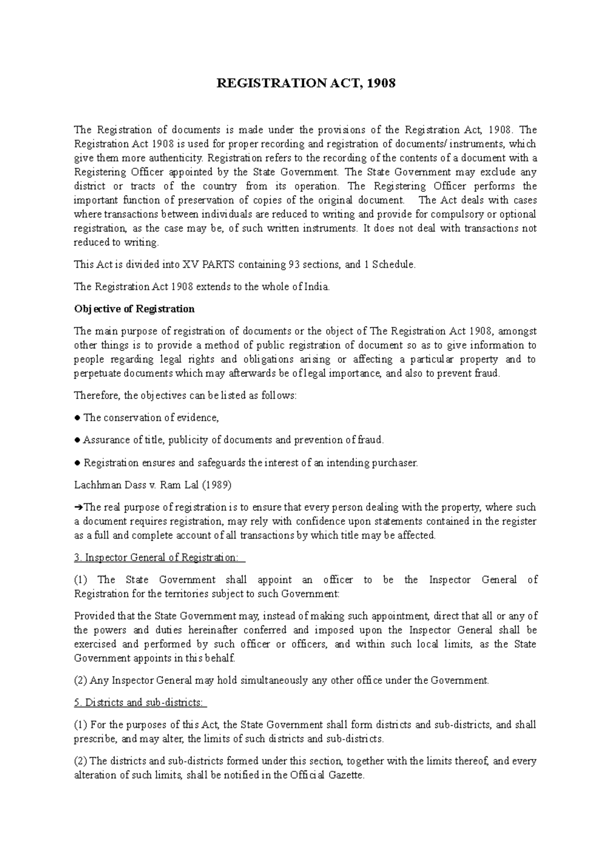 Registration Act, 1908: Overview and Key Provisions - Studocu
