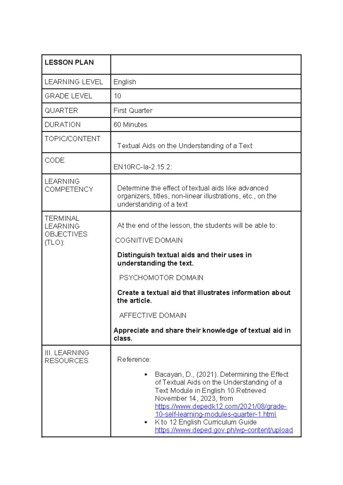 EN10RC-Ia-2.15.2 Lesson Plan: Teaching Textual Aids to Grade 10 - Studocu