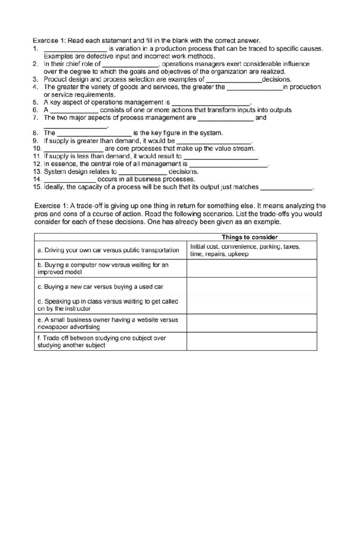 Operations Management Exercise 1: Fill in the Blanks and Scenarios ...