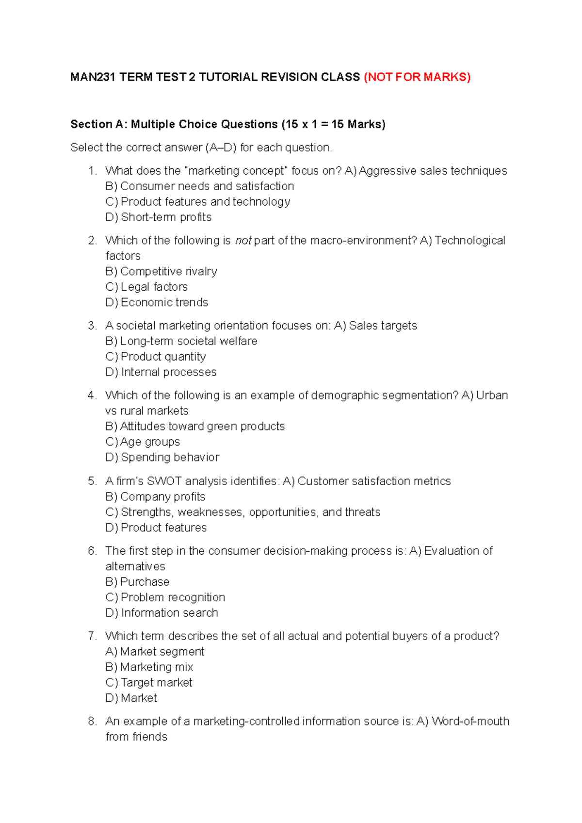 MAN231 TERM TEST 2 TUTORIAL REVISION GUIDE (NOT FOR MARKS) - Studocu