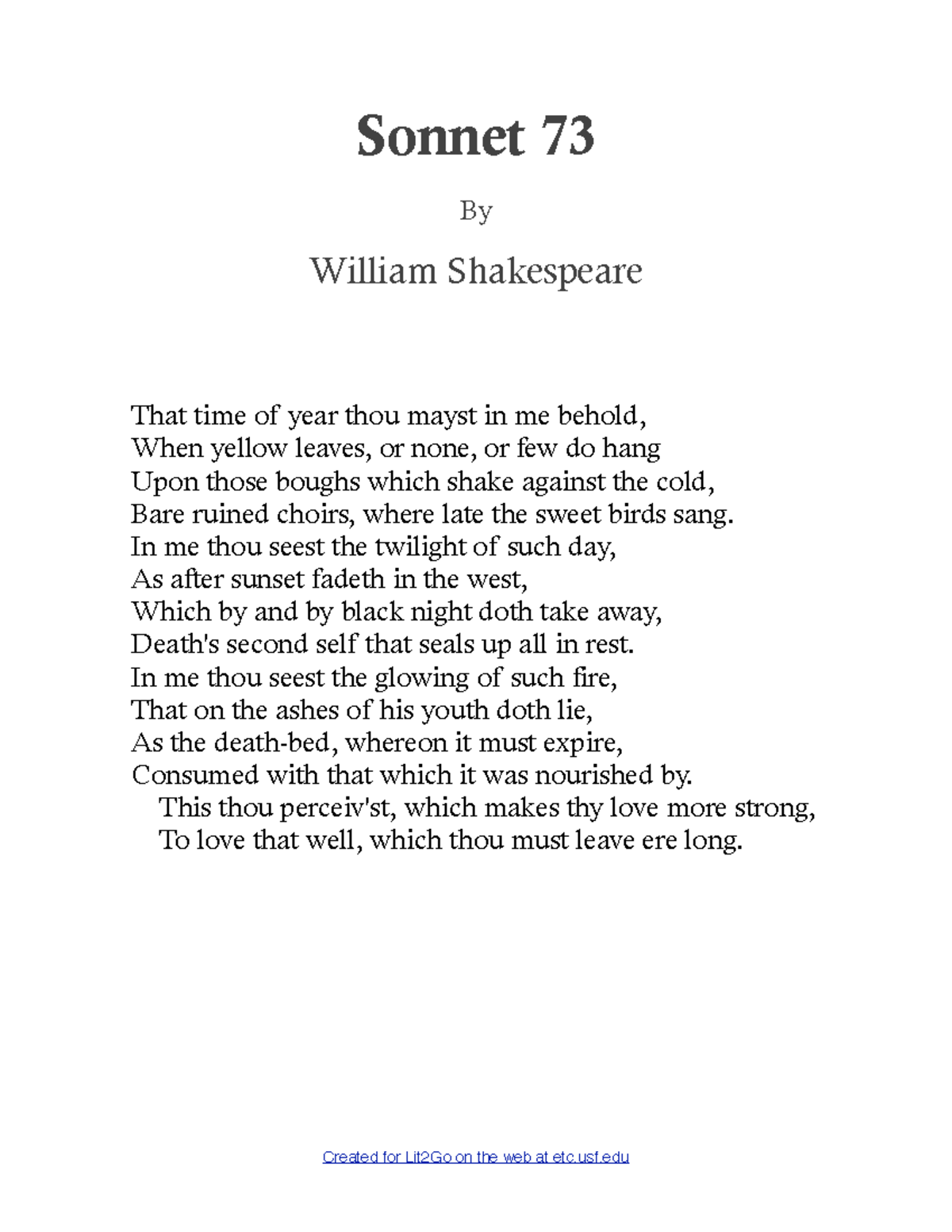 Sonnet 73 Analysis: A Study of Shakespeare's Themes and Imagery - Studocu