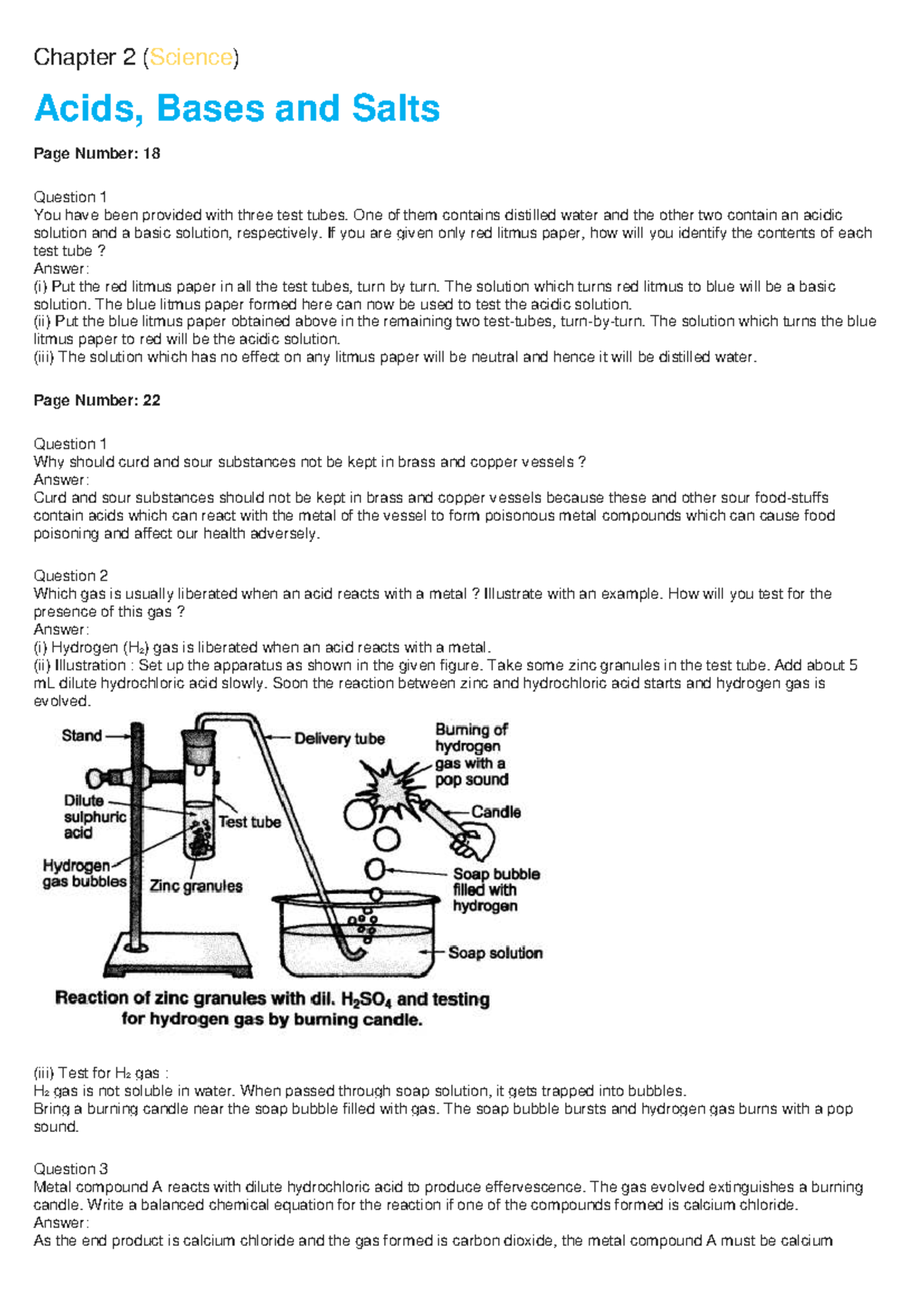 Chapter 2 (Chemistry) Acids, Bases, and Salts: Q&A Guide - Studocu