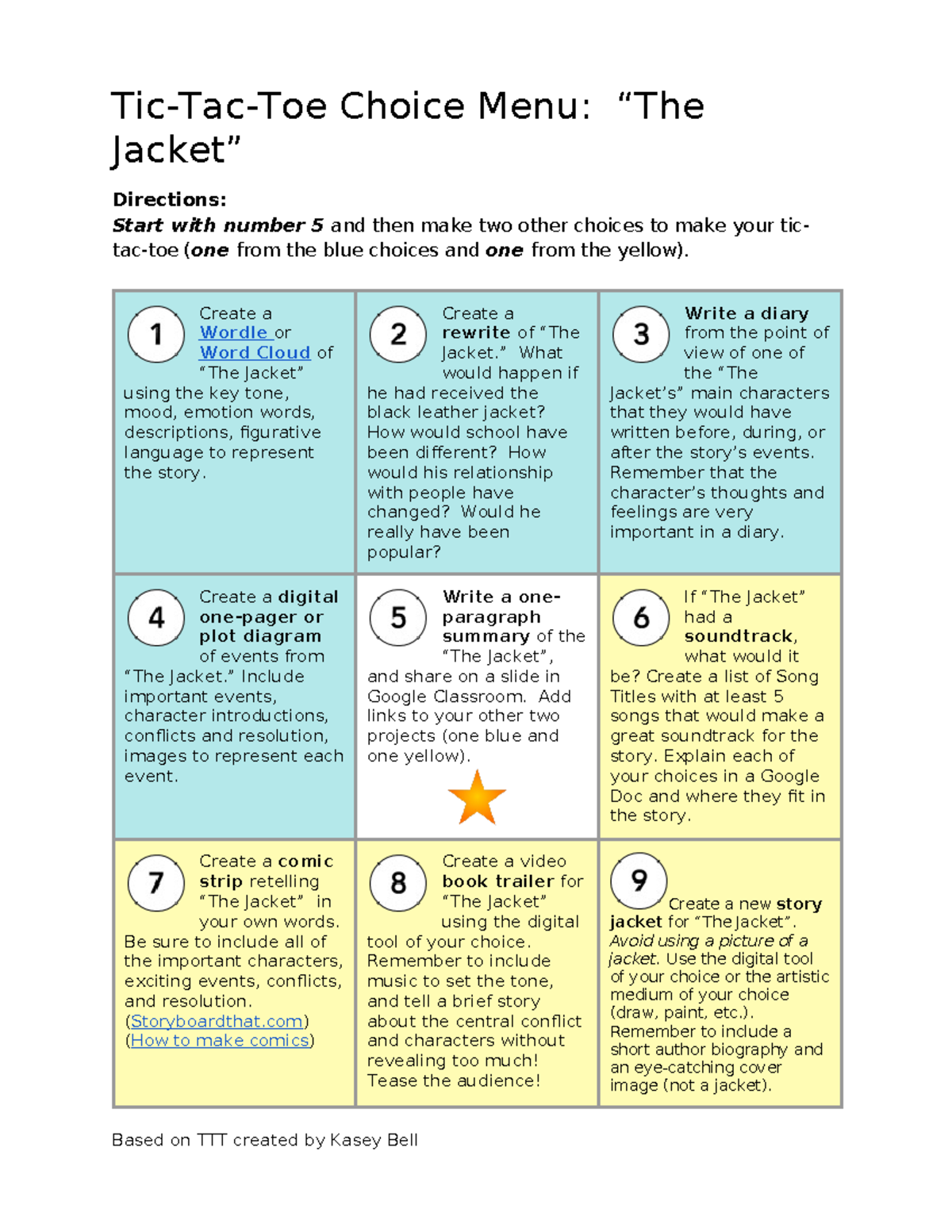 Tic-Tac-Toe Choice Menu for "The Jacket" Project Activities - Studocu