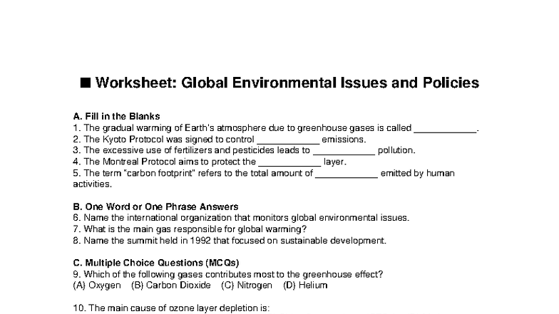 Global Environmental Issues Worksheet: Fill in the Blanks & MCQs - Studocu