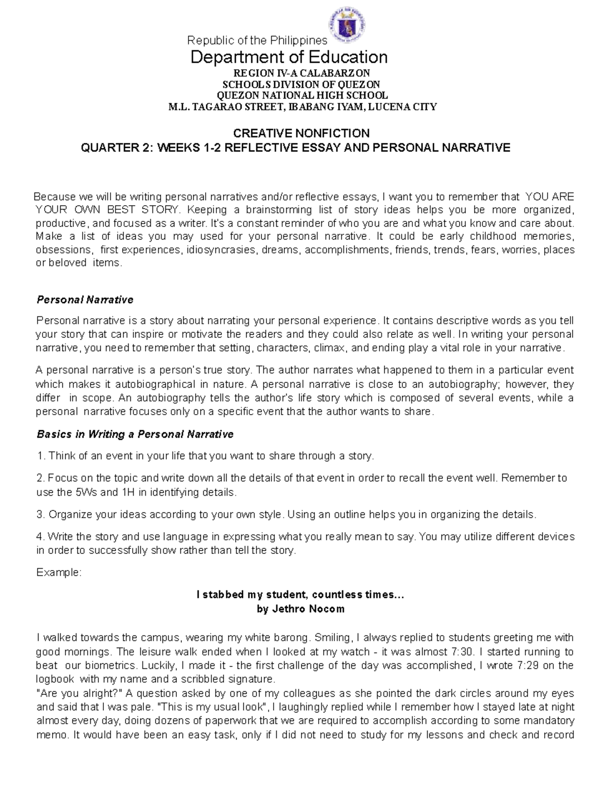 Reflective Essay and Personal Narrative Guidelines for CNF Q2W1-2 - Studocu