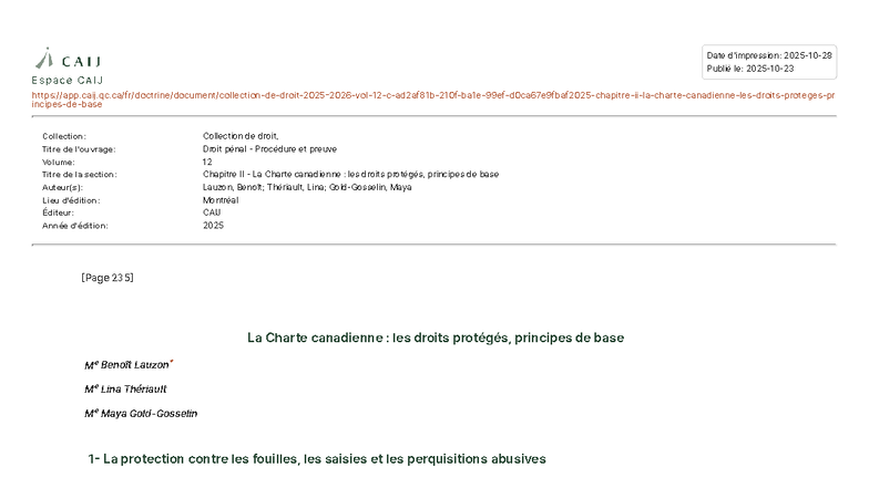 Droit pénal - Chapitre II : La Charte canadienne et les droits protégés ...