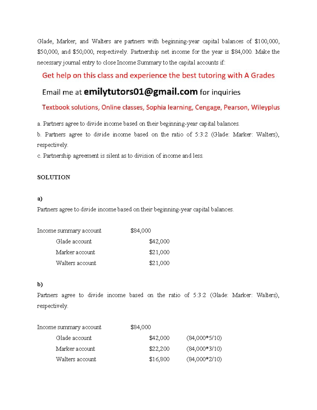 Partnership Income Distribution Journal Entries: Glade, Marker, Walters ...